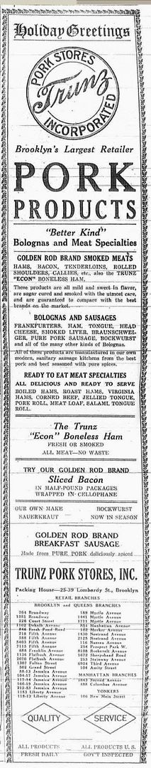 Old Ads --Trunz Meat Market -- 106 New Main St.; 123-125 New Main St ...
