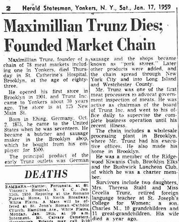 Old Ads --Trunz Meat Market -- 106 New Main St.; 123-125 New Main St ...